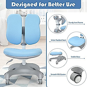 Costzon Kids Chair, Adjustable Height Student Chair w/Sit-Brake Casters, Lumbar Support, Seat Depth Adjustable, Home School Ergonomic Computer Chair for 3-18 Years Old, Kids Desk Chair (Blue)