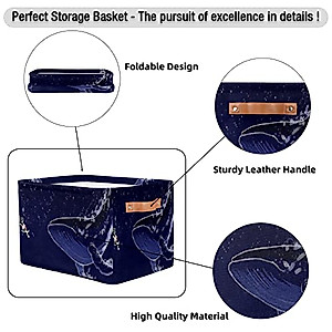 Pardick Large Collapsible Storage Bins ,Universe Whale Decorative Canvas Fabric Storage Boxes Organizer with Handles，Rectangular Baskets Bin for Home Shelves Closet Nursery Gifts