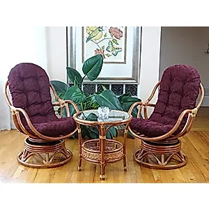 Bali Lounge Swivel Rocking Chair with Dark Brown Cushion Natural Rattan Wicker Handmade, Colonial
