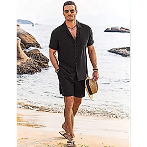 COOFANDY Men's 2 Pieces Shirt Set Short Sleeve Button Down Casual Hippie Holiday Beach T-Shirts Shorts Outfits (Black, Large)