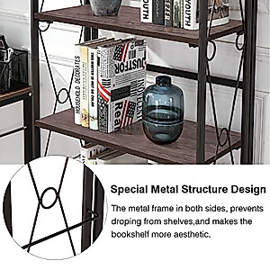 VECELO Bookshelf, 5 Shelf Folding Bookcase No Assembly, Industrial Metal Standing Shelves Organizer for Living Room, Bedroom and Office, Teakwood Brown