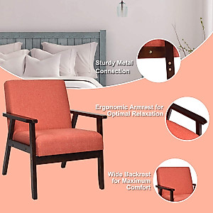 Giantex Set of 2 Mid-Century Modern Accent Chair, Retro Fabric Armchair, Solid Hardwood Made, Upholstered Linen Lounge Arm Chair for Living Room (Orange)
