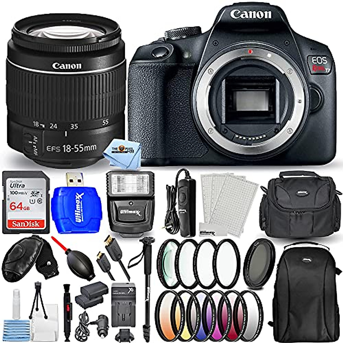 Canon Rebel T7 with 18-55mm III Lens Bundle Includes: Extra Replacement Battery and Travel Charger, Ultra 64GB SD, Slave Flash, Filter Kit, Backpack, 72" Monopod, Shutter Remote and More