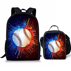 FOR U DESIGNS School Backpack Set Canvas Teen Boys Bookbags 14" Laptop Backpack Kids Lunch Tote Bag Baseball Painting