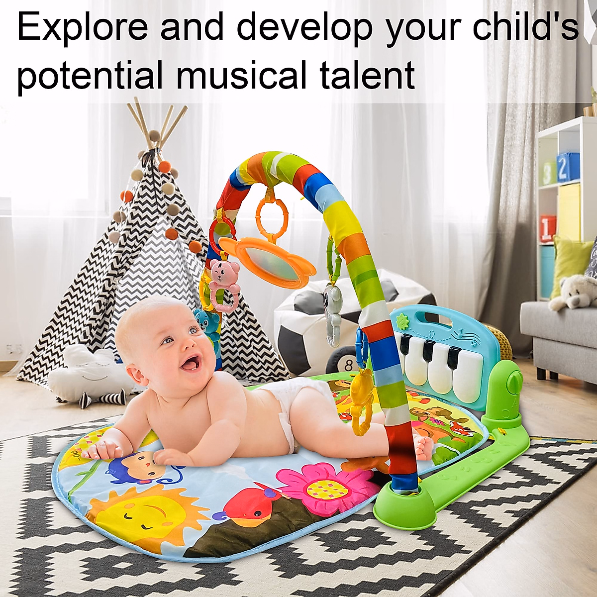 CREPRO Baby Play Mat & Baby Gym Toys, Infant Play Mat and Activity Gym Baby Activity Mat with Music and Lights, Kick & Play Piano Gym Tummy Time Padded Mat for Newborn Toddler for Christmas Toys Gift
