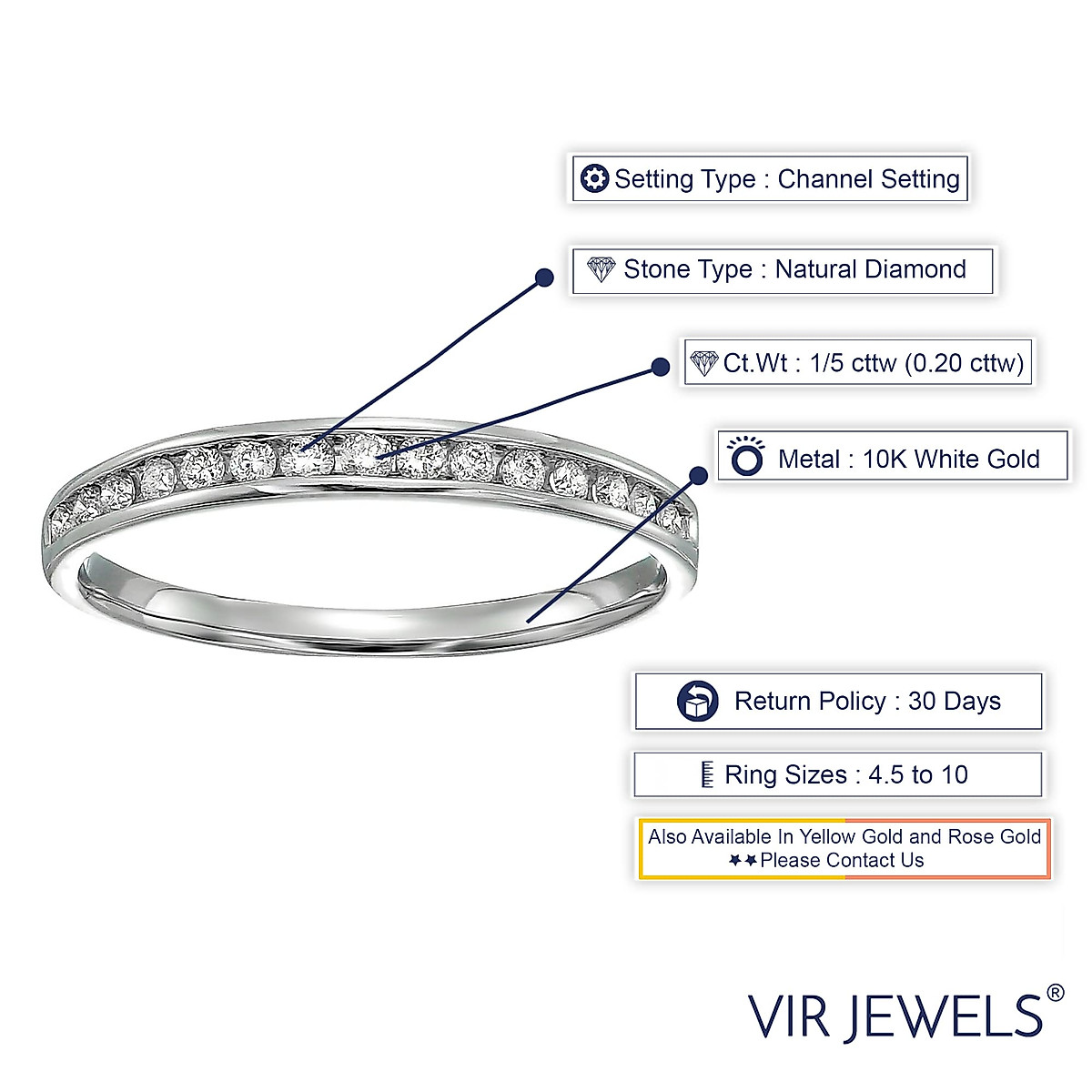 VIR JEWELS 1/5 carat (ctw) Diamond Wedding Anniversary Band for Women, Half Eternity Round Diamond Engagement Ring 10K White Gold Channel Set 0.20 cttw, Size 9
