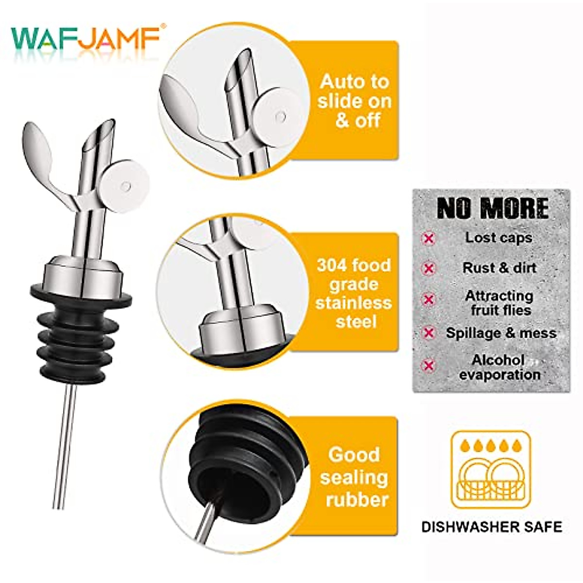 WAFJAMF 2 Pcs Weighted Stainless Steel Bottle Pourers, Self Closing Olive Oil Dispenser Spout, Auto Flip Feature Liquor Pour Spouts for Pours Liquid, Olive Oil, Wine, Vinegar (Silver)……