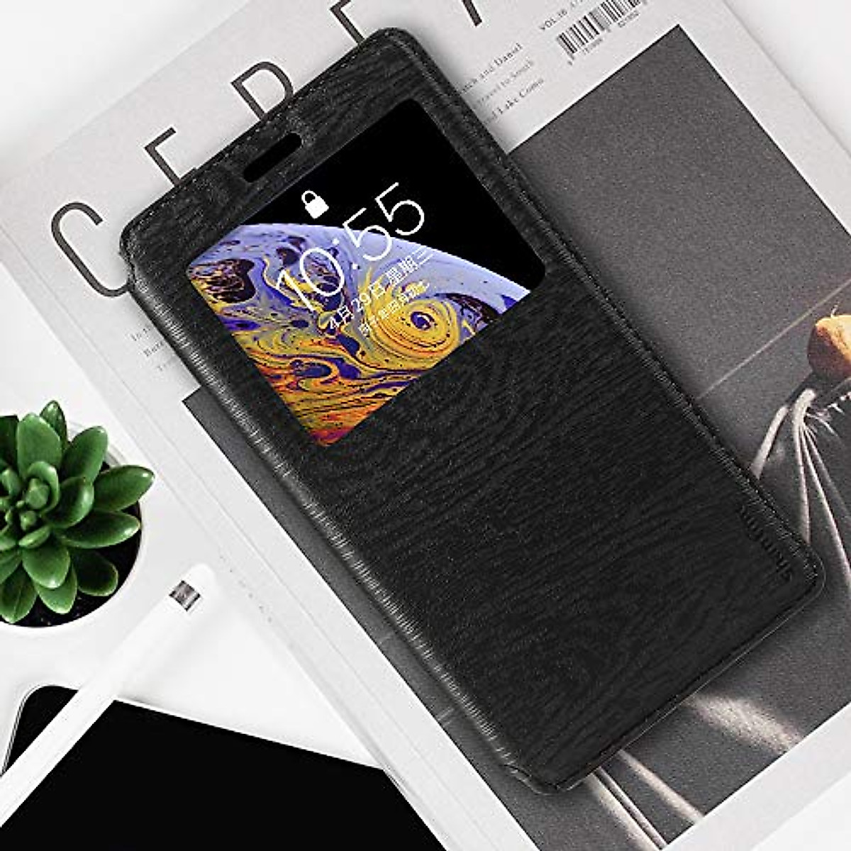 Shantime Oppo Reno 6 Pro 5G Case, Wood Grain Leather Case with Card Holder and Window, Magnetic Flip Cover for Oppo Reno 6 Pro 5G Black