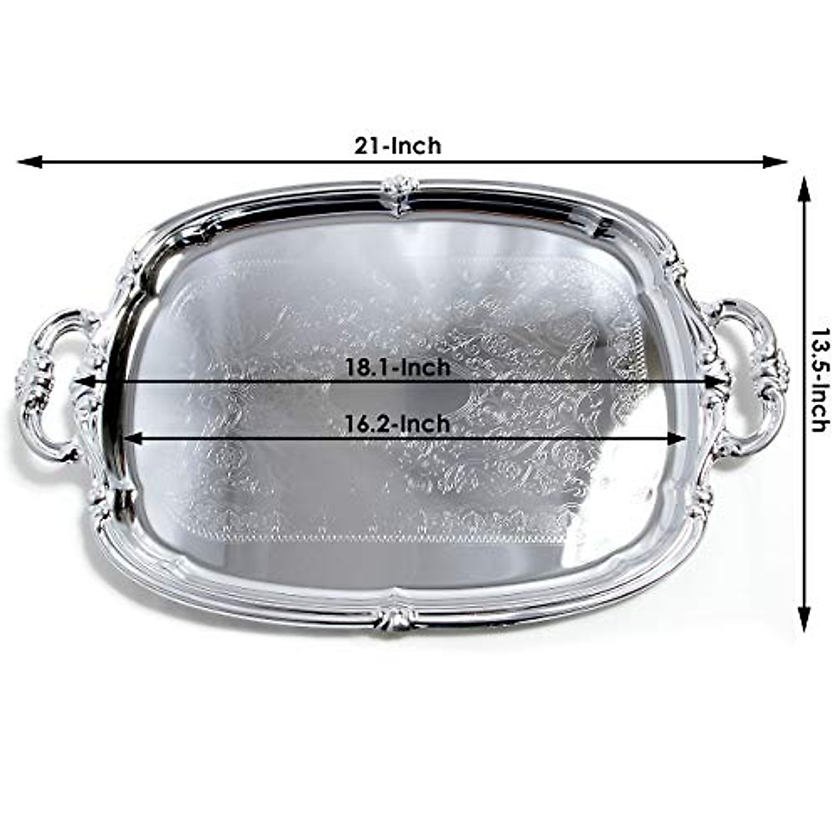 Maro Megastore (Pack of 4) 21-Inch x 13.5-Inch Elegant Victoria Floral Engraved with Handle Serving Tray Silver Metal Plate Platter Food Decorative Buffet Wedding Party (Extra Large) T166-4pk