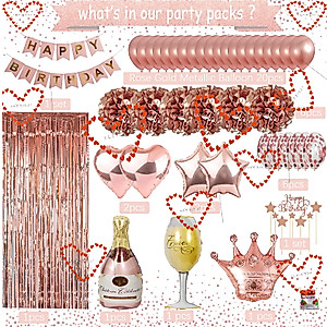 Rose Gold Birthday Party Supplies Happy Birthday Banner Tissue Flowers Confetti Balloons Foil Curtain for 18th 21st 30th 40th 50th Girls Women Birthday Party Decorations
