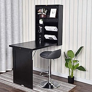 YOURLITE Wall Mounted Table, Fold Out Convertible Desk Multi-Function Computer Desk Writing Desk Home Office Wood Wall Floating Desk with Large Storage Area, Black