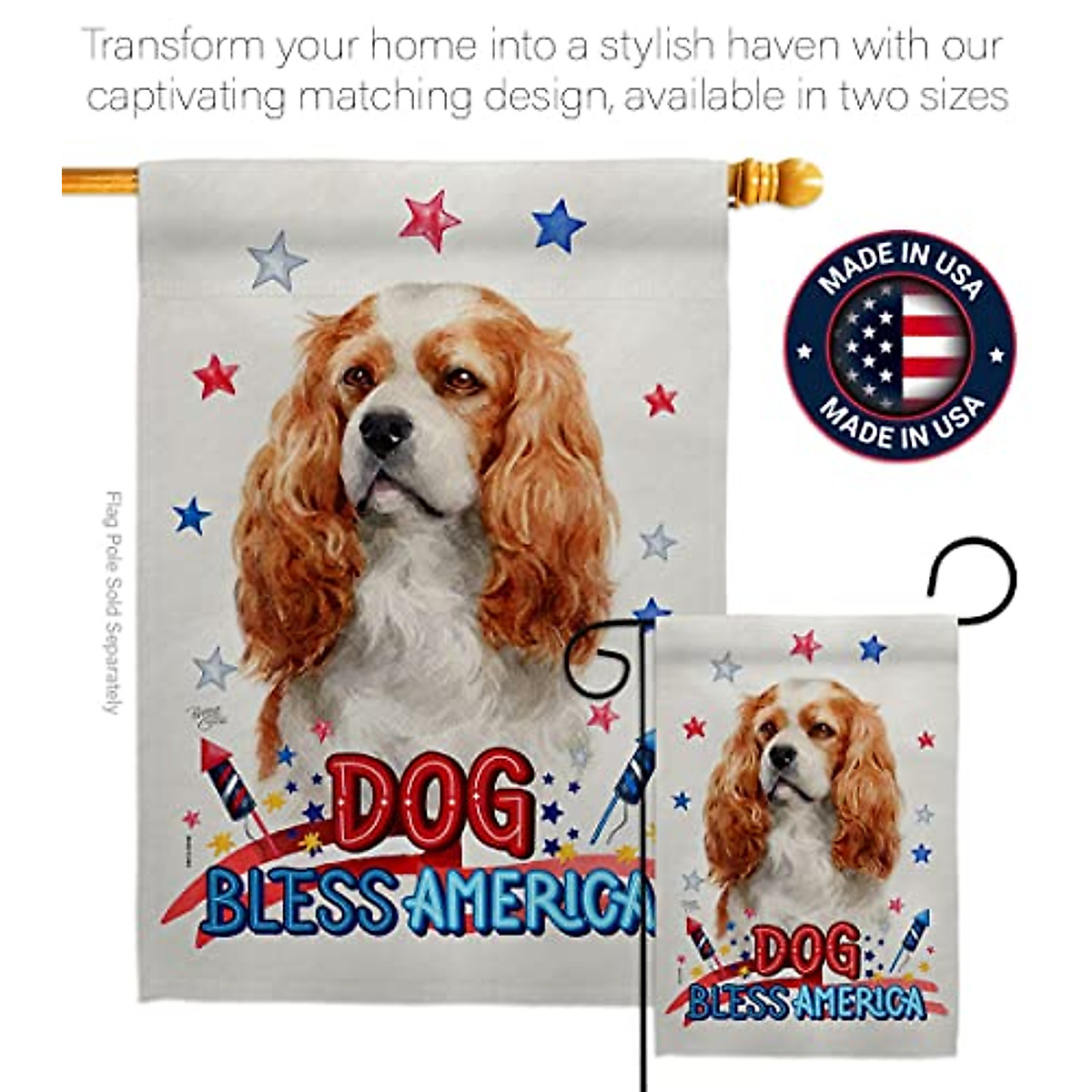 Breeze Decor Patriotic Cavalier King Spaniel Garden Flag-Set Wood Dowel Dog Puppy Spoiled Paw Canine Fur Pet Nature Farm Animal Creature House Banner Small Yard Gift Double-Sided, Made in USA