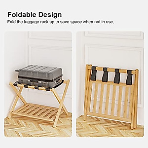 Smart FENDEE 26.77" Fully Assembled Natural Luggage Rack for Guest Room, Bamboo Wide Suitcase Stand with Storage Shelf, Folding Luggage Holder for Bedroom, Hotel
