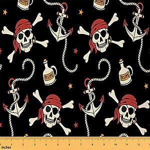 Feelyou Pirate Upholstery Fabric for Chairs, Ocean Marine Theme Anchor Fabric by The Yard, Cartoon Skull Skeleton Decorative Fabric for Upholstery and Home DIY Projects, 1 Yard, Black Cream