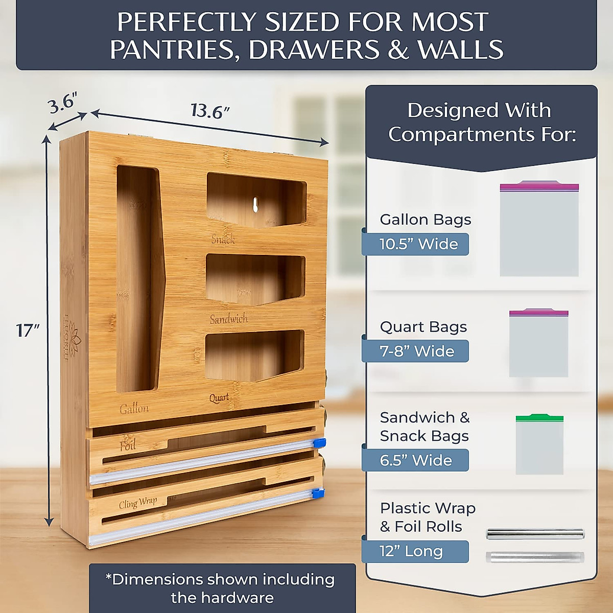 Plastic Wrap Dispenser with Cutter and Ziplock Bag Organizer, 6 IN 1 Bamboo Foil and Plastic Wrap Organizer For Kitchen Drawer, Ziplock Bag Storage Organizer for Gallon,Quart,Sandwich,Snack