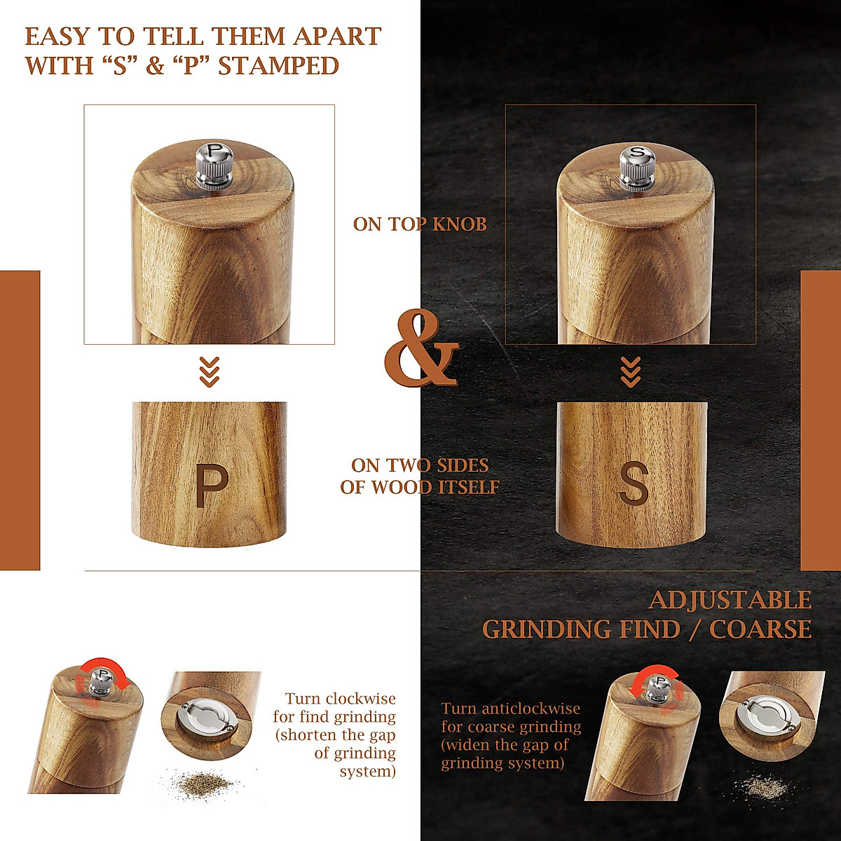 Wooden Salt and Pepper Grinder Set - Premium Set Includes Salt and Pepper Mill/Box with Swivel Lid, Spoon & Cleaner Tool - Perfect Salt and Pepper Shakers Gift (8 inch)