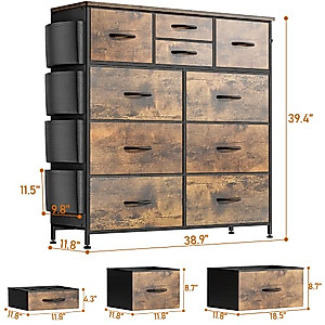 YaFiti 10 Drawer Dresser, Chest of Drawers for Bedroom, Fabric Dresser Drawers with Side Pockets, Hooks, Wooden Top and Sturdy Metal Frame for Living Room, Closet, Hallway, Nursery (Rustic Brown)