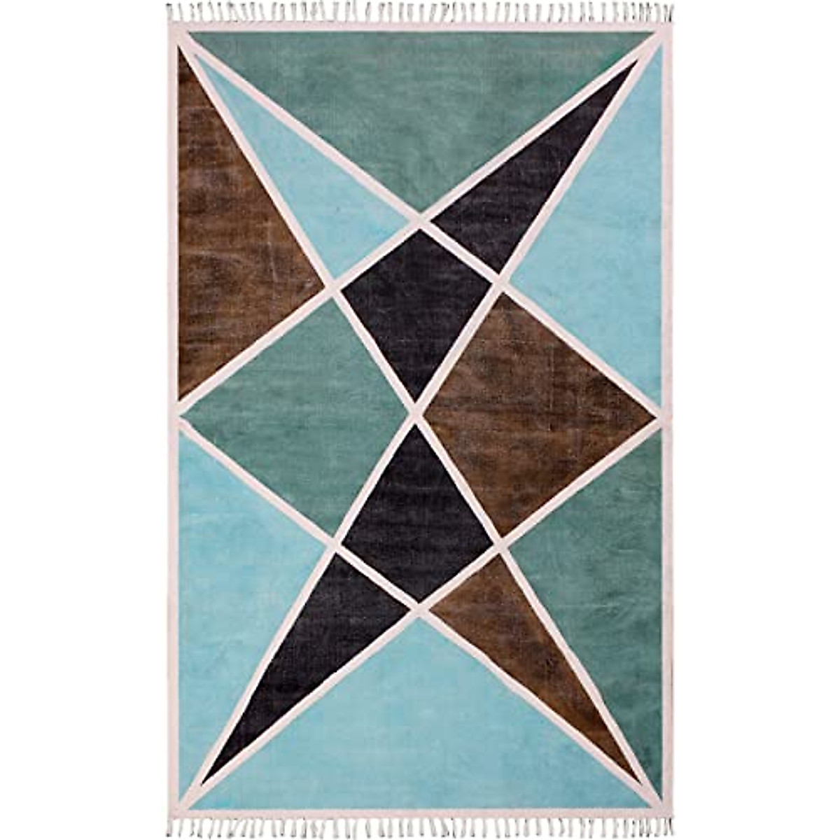 Casavani Hand Made Cotton Dhurrie Geometric Blue & Brown Tassel Rug Easy Care Washable Rugs for Doormat Entryway Living Room Bedroom Hallway Balcony 5x7 Feet