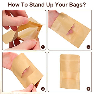 Geosar 450 Pcs Kraft Bags with Window Kraft Stand up Paper Pouches Bulk 3.5 x 5.5 in Zipper Lock Bags with Tear Notch Resealable for Food Reusable Sealable Treat for Home Business Package Storage