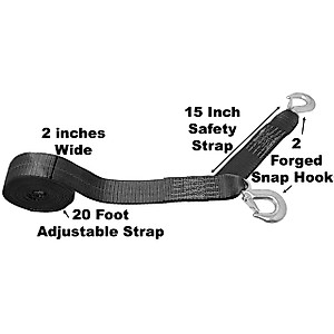 CustomTieDowns 2 Inch x 20 Foot Heavy Duty Replacement Winch Strap with a 15 inch Safety Strap. 2 Forged Hooks. 1 Inch Long Loop Opening On The Opposite End. Breaking Strength: 10000 lb (Black)