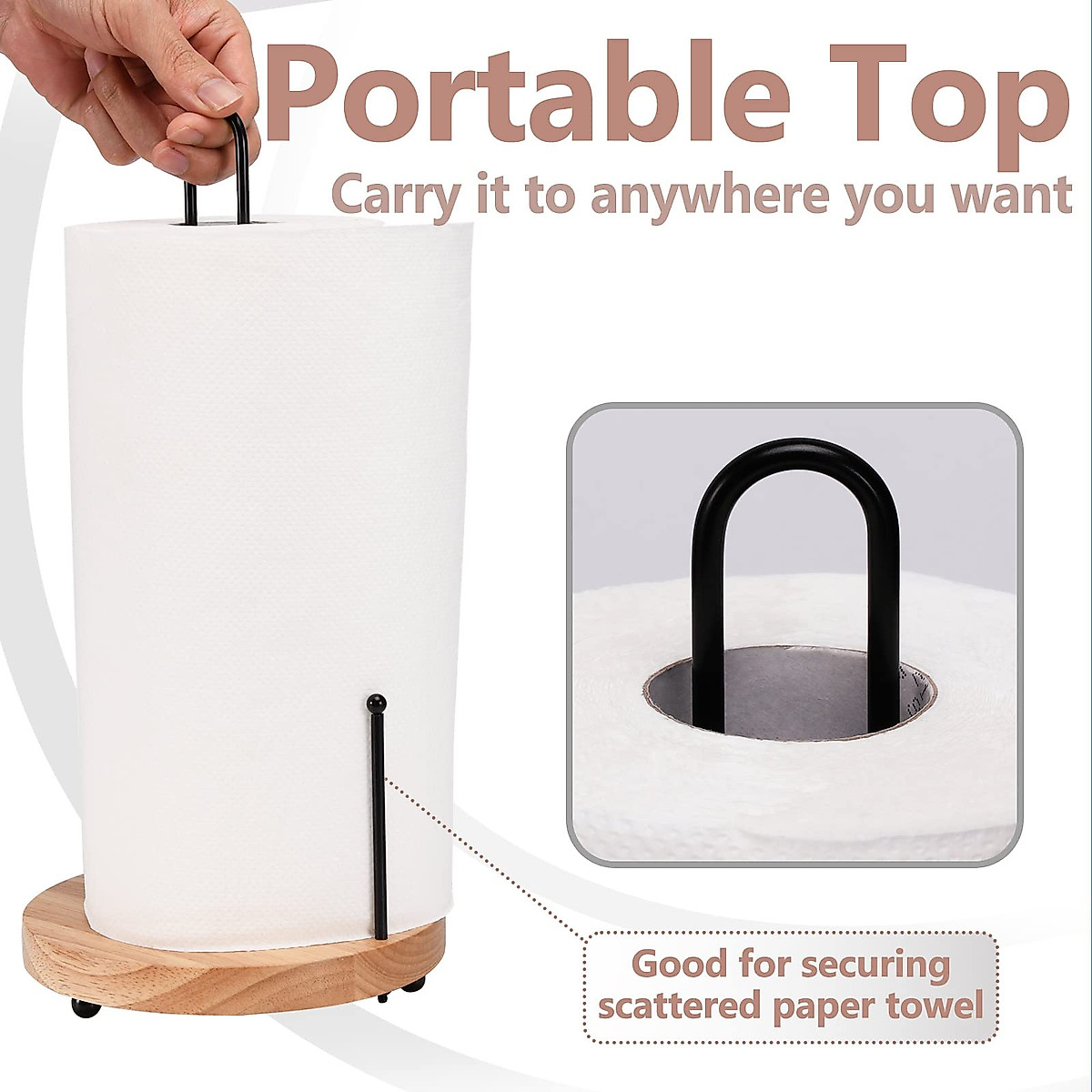 Lorbro Paper Towel Holder Countertop, Farmhouse Paper Towel Holder with Heavy Duty Wood Base, Wood Paper Towel Holder Rustic Style, Paper Towel Holder Stand for Kitchen Decor, Home