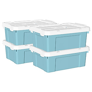 Cetomo Lidded Storage Bin with Handle, Tote Organizing Container with Durable Lid and Secure Latching Buckles, Stackable and Nestable, Plastic, 16 Quart-4 Pack, Blue