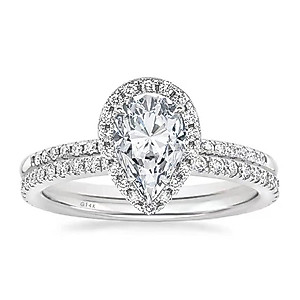 WSX Gold 1ct Pear Bridal Rings Sets for Women Moissanite Simulated Diamond Her Engagement Halo Wedding Promise Ring, 2 Piece Set