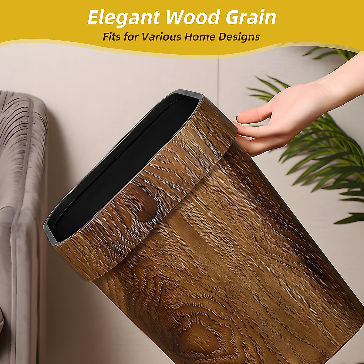 Wood Grain Plastic Trash Can Bedroom, Square 2-Pack, 3.7 Gal Farmhouse Wastebasket Bin Retro Style, Brown Trash Can for Room Aesthetic, Open Top Garbage Can for Office, Living Room, Hotel, Bathroom