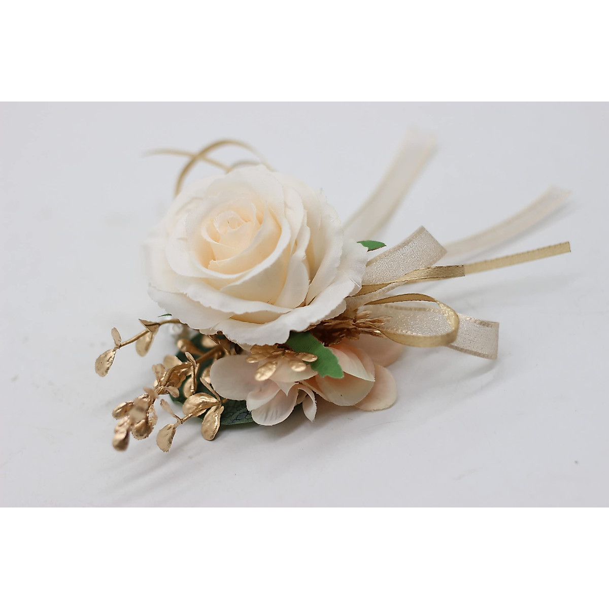 YOKOKE 2 Corsages, Handmade Artificial Peony Rose Wrist Corsage Wristlet Wedding Prom Suit Decorations (2 Gold Wrist Corsage)
