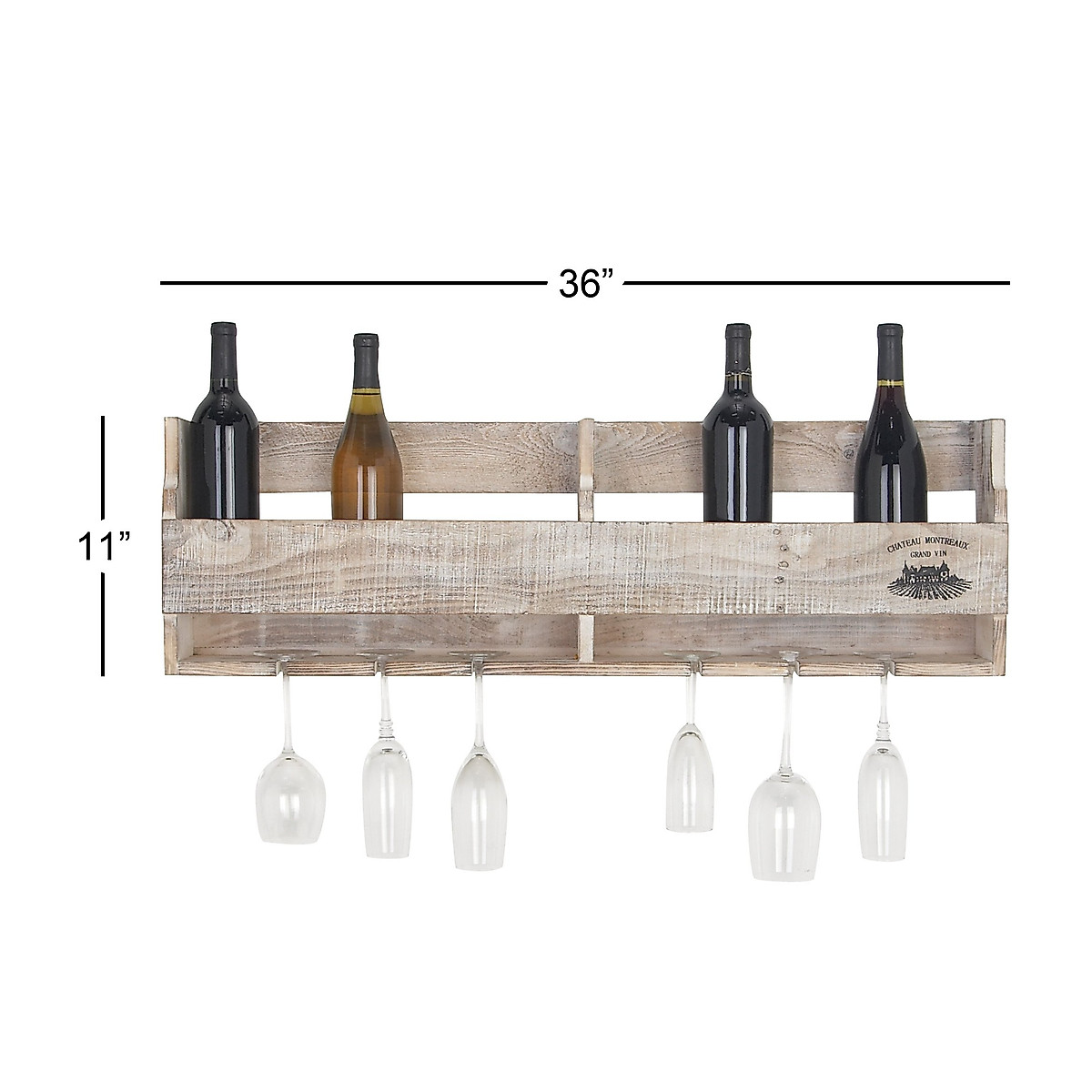 Deco 79 Wood 10 Bottle Wall Wine Rack with 6 Glass Holder Slots, 36" x 5" x 11", Brown