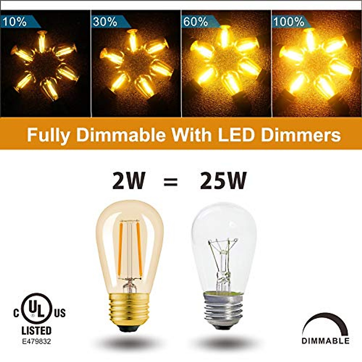 Hizashi 15 Pack S14 Replacement Light Bulbs, 2W=25 Watt Outdoor Edison Bulbs Dimmable E26 Base, Amber 2200K S14 LED Bulbs, Outdoor String Lights Bulbs Replacement, Shatterproof Waterproof, UL Listed