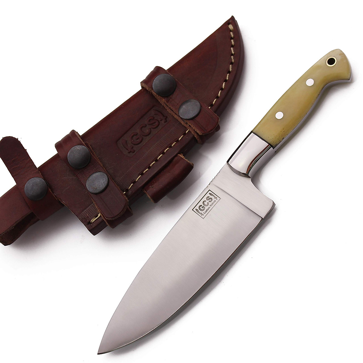 GCS Handmade Bone Handle D2 Tool Steel Chef Knife with leather sheath Full tang blade designed for Hunting & EDC GCS 179