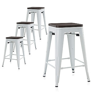 BELLEZE 24 Inch Modern Stackable Metal Bar Stools with Wood Seat, Indoor Outdoor Restaurant Patio Kitchen Dining, Antique Farmhouse Vintage Industrial Steel Metal [Set of 4] - Wyatt (White)