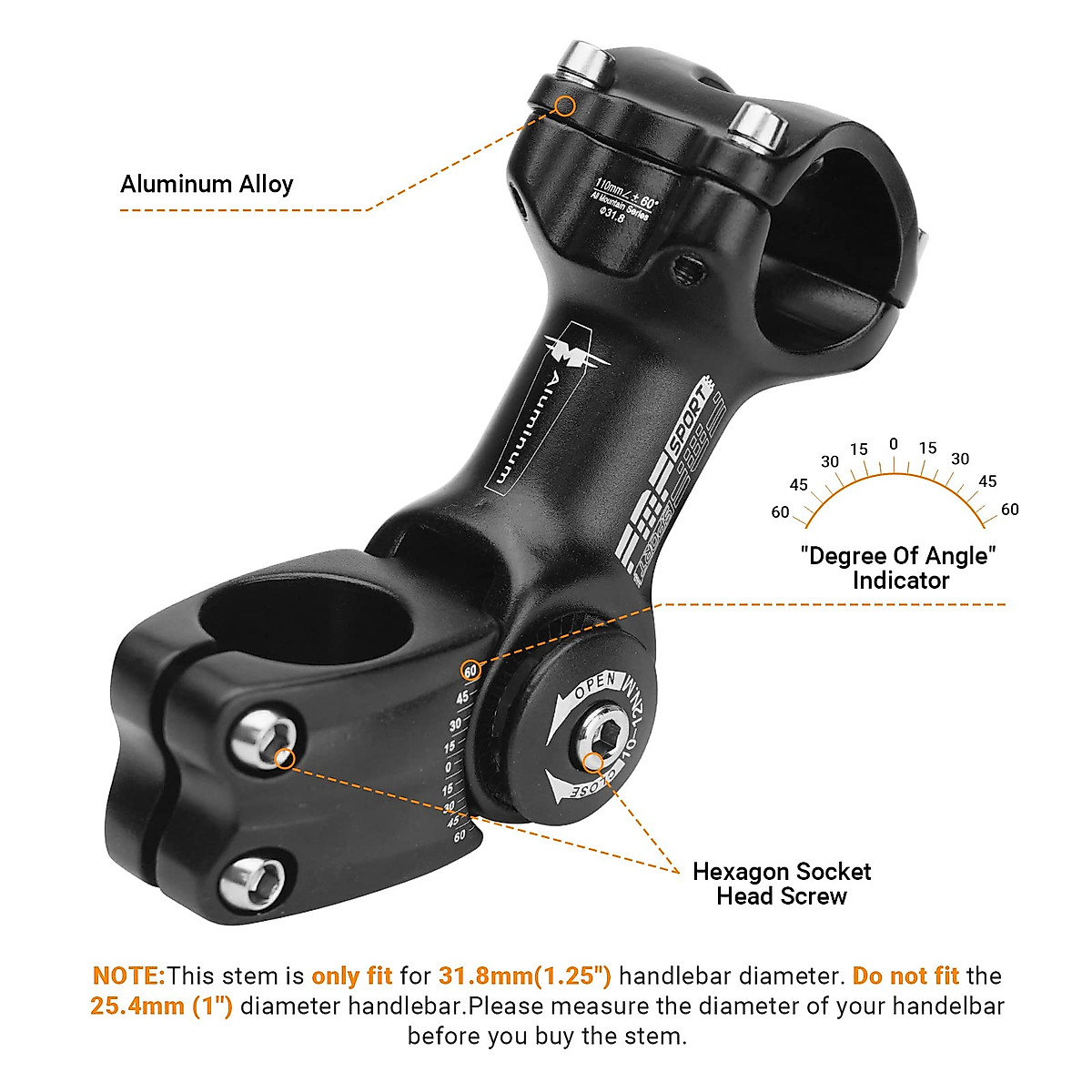Himiway 31.8mm Bike Stem 110mm ±60 Degree Adjustable MTB Stem Aluminum Alloy Bicycle Handlebar Stem Extender Riser for Most Mountain Bike Road City Bike MTB (Only Fit 1.25"/31.8mm Handlebar)