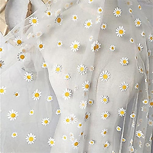 59" Width Tulle Lace Fabric Daisy Flower Print Fabric for for DIY Dress Costume Design Accessories Flower Girl Women Gown Wedding Dress Home Decor (3 Yard, White)
