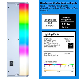 Hardwire Under Cabinet Lights Hardwired or Plug in Tasking Lighting White & RGB Color Changing Dimmable with Remote, Alexa, Google Enabled, Smart Under Counter Lighting Fixture for Kitchen (18 Inch)