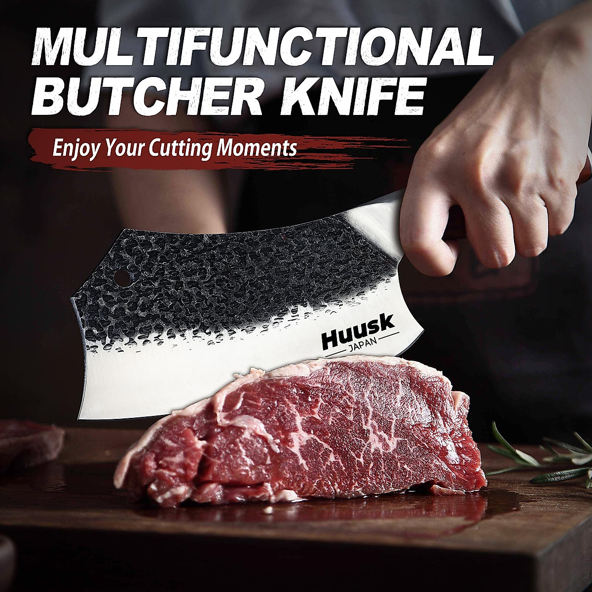 Huusk Cleaver Knife, 7 Inch Meat Cleaver Heavy Duty, Hand Forged Chopper knife, High Carbon Steel with Wood Handle, Japanese Cleaver for Cutting Meat and Vagetable, Gift for Men Women