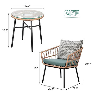Yangming 3 Piece Patio Furniture Outdoor Conversation Bistro Set with Tempered Coffee Table and Wicker Chairs for Garden Balcony Backyard Yard Poolside, Green
