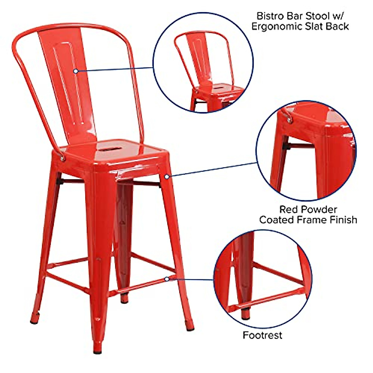 EMMA + OLIVER Commercial Grade 24" H Red Metal Indoor-Outdoor Counter Height Stool w/ Back