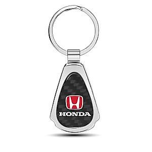 iPick Image Compatible with Honda Logo in Red Real Black Carbon Fiber Chrome Metal Teardrop Key Chain