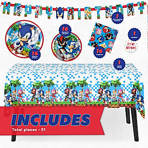 Sonic Birthday Party Decorations, Sonic Tablecloth, Sonic Plates and Napkins for 16 | Sonic Party Decorations | Officially Licensed
