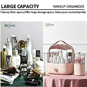 MIUOPUR Large Makeup Organizer with Brush Holder, Cosmetic Display Case with Drawer, Waterproof and Dustproof Transparent Cover, Portable Handle, Suitable for Bathroom and Bedroom -Pink