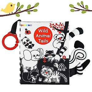 OKOOKO Soft Baby Book Black and White High Contrast Animals Tails Book Bath Book Montessori Sensory Stroller Toy Non-Toxic Crinkle Washable Early Education for Baby Infant Toddler