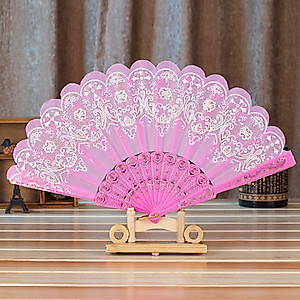 DUO ER Chinese/Spanish Style Dance Wedding Party Lace Silk Folding Hand Held Flower Fan (Color : Blue)