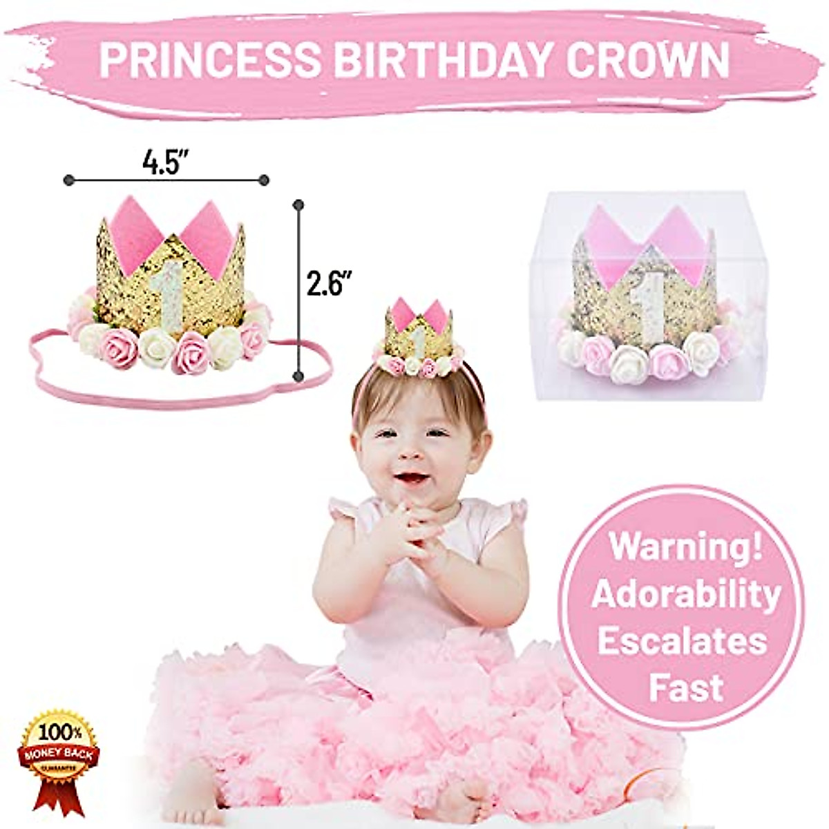 1st Birthday Girl Decorations WITH Birthday Crown- Baby First Birthday Decorations Girl - Pink and Gold Party Supplies - One Balloon, Heart and Confetti Balloons, Happy Birthday Banner ONE Cake Topper