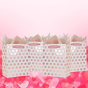 UNIQOOO 12PCS Christmas Metallic Rose Gold Gift Bags Bulk with Tag, Medium 9x7 Inch, Modern Pink Polka Dots Foil Paper Wrap Bags, for Wedding, Birthday, Valentine's Day, Mother's Day Gift Packaging Décor Party Favor