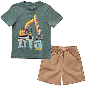 Carhartt baby boys Short-sleeve Dig T-shirt & Canvas Shorts Set Rompers, Dark Khaki, 12 Months US