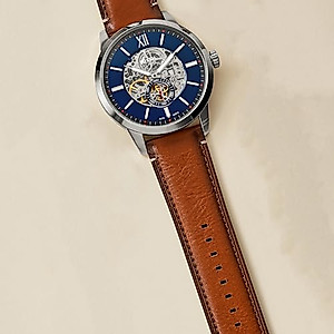 Fossil Men's Townsman Automatic Stainless Steel and Leather Three-Hand Skeleton Watch, Color: Silver, Luggage (Model: ME3154)