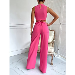 MakeMeChic Women's 2 Piece Outfits Mock Neck Criss Cross Crop Tank Top and Wide Leg Pants Set Hot Pink L