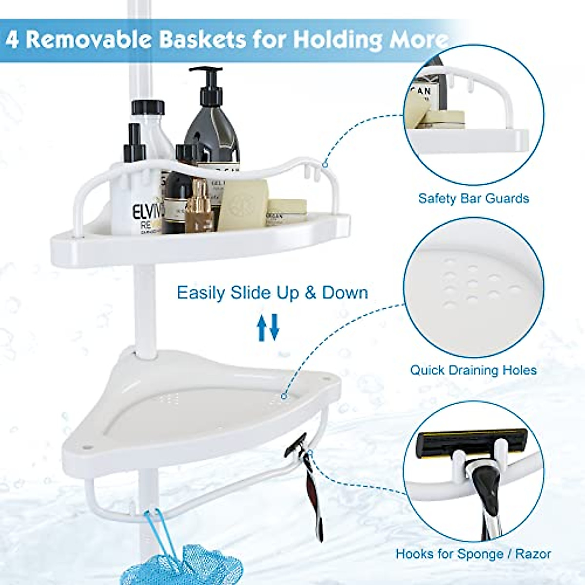 Lilyvane Corner Shower Caddy, 4 Layer Shower Organizer, Rustproof ABS Shower Shelves with Stainless Steel Pole, Drill Free Shower Rack, Large Shower Storage and Shower Caddy Tension Pole,56-125 Inch